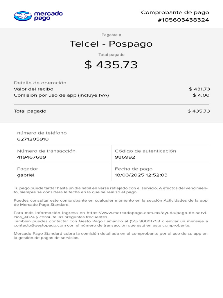 Comprobante de Pago Telcel Pospago | PDF