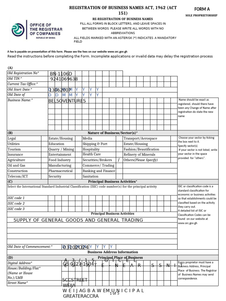 COMPANY RE-REGISTRATION Form A For Filing | PDF | Business | Sole ...