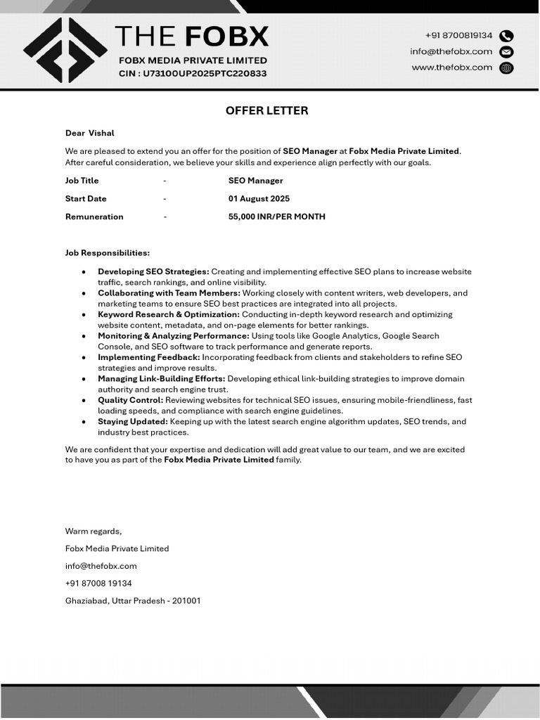 Offer Letter Vishal | PDF