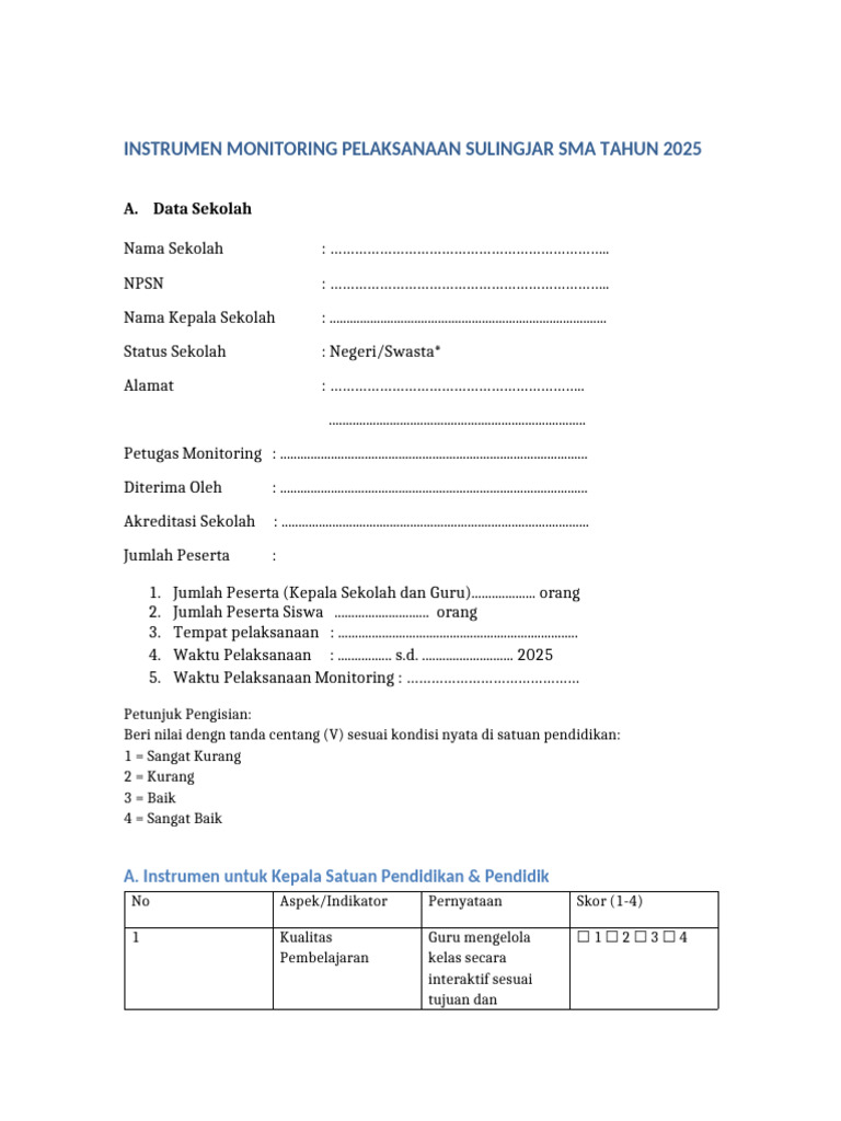2025 Instrumen - Monitoring - Sulingjar - 2025 (FIX) | PDF