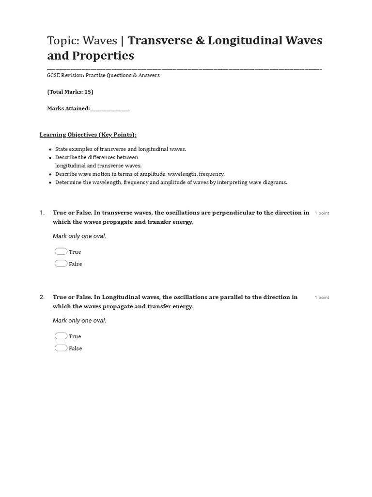 GCSE IGCSE Physics Waves Transverse Longitudinal Waves and Properties ...