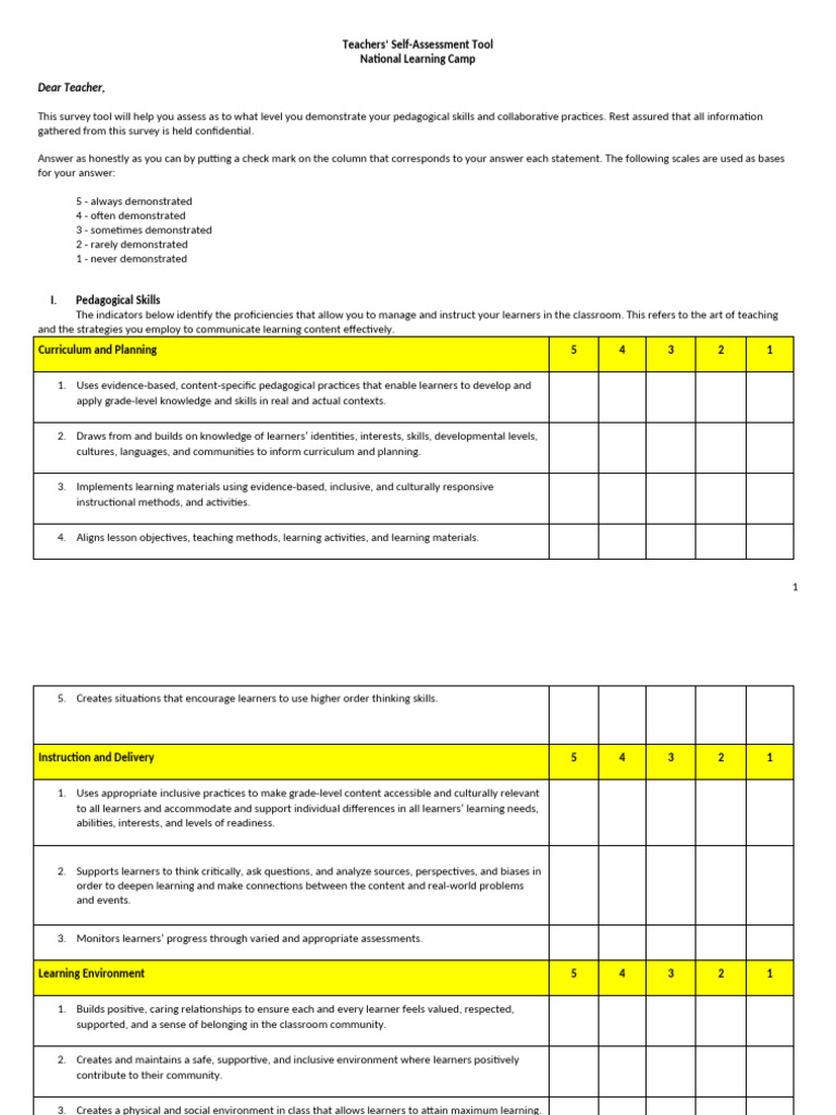 Teacher Self-Assessment Survey Tool | PDF | Learning | Educational ...