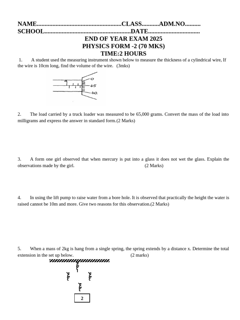 Physics Form 2 End of Year Exam 2025 | PDF | Liquids | Pressure