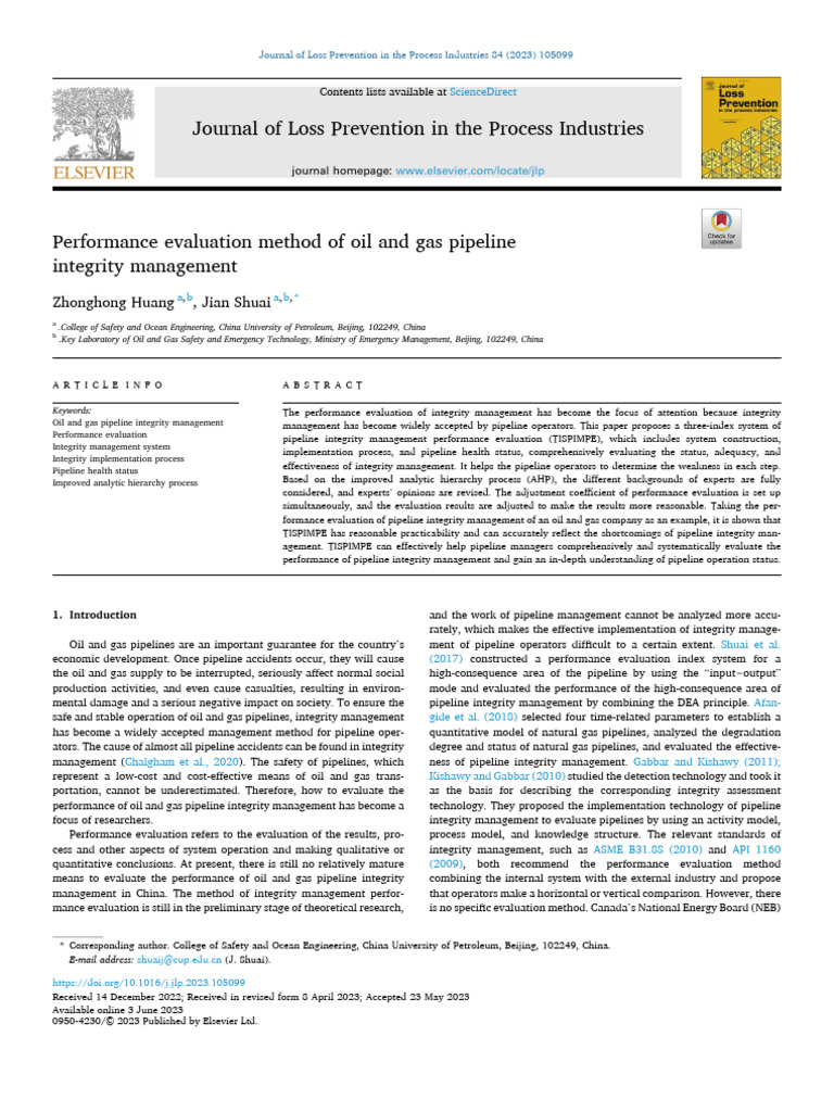 Performance Evaluation Method of Oil and Gas Pipeline Integrity ...