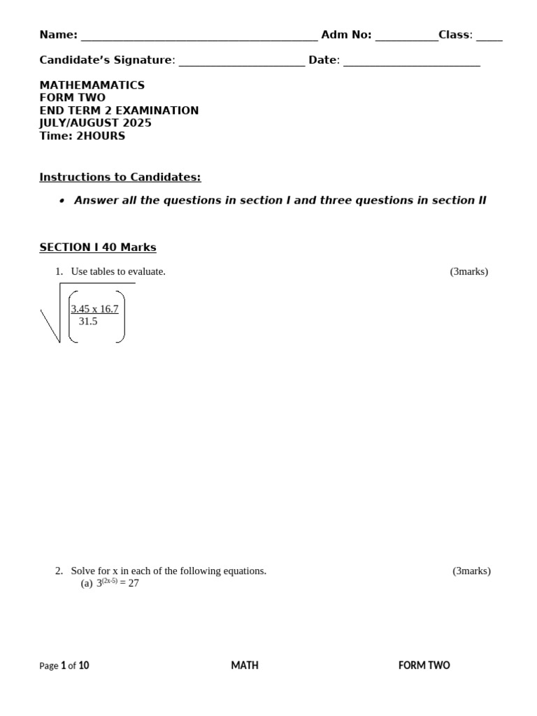 f2 Mathematics f2 Qs End t2 Teacher Co Ke 1 | PDF | Euclidean Geometry