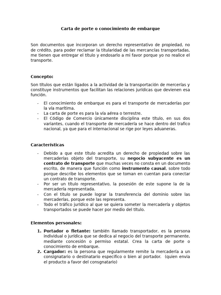 Carta de Porte o Conocimiento de Embarque | PDF | Guía de carga | Propiedad