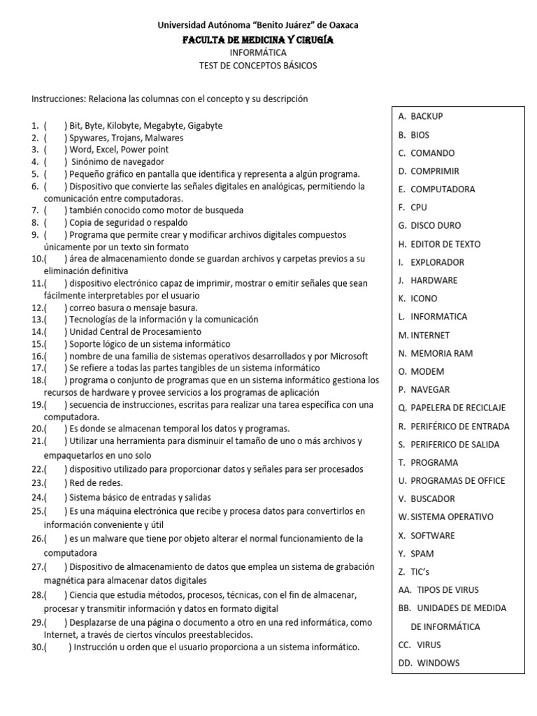 Test de Conceptos Básicos de Informática | PDF | Informática | Hardware ...