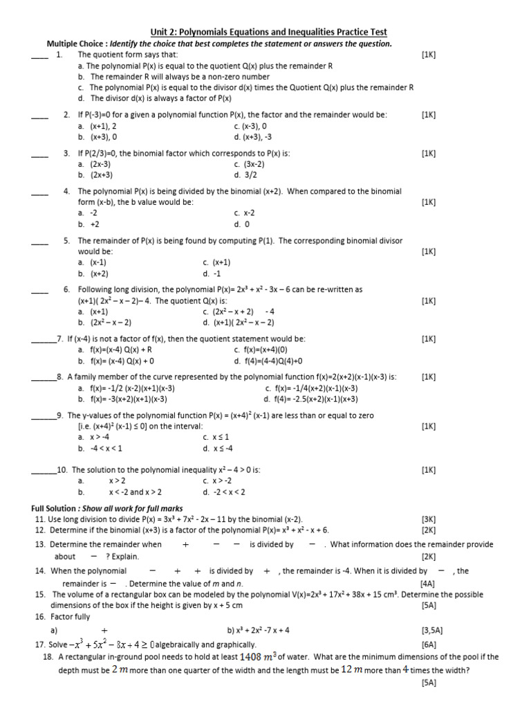 Polynomials Practice Test Questions | PDF | Factorization | Polynomial