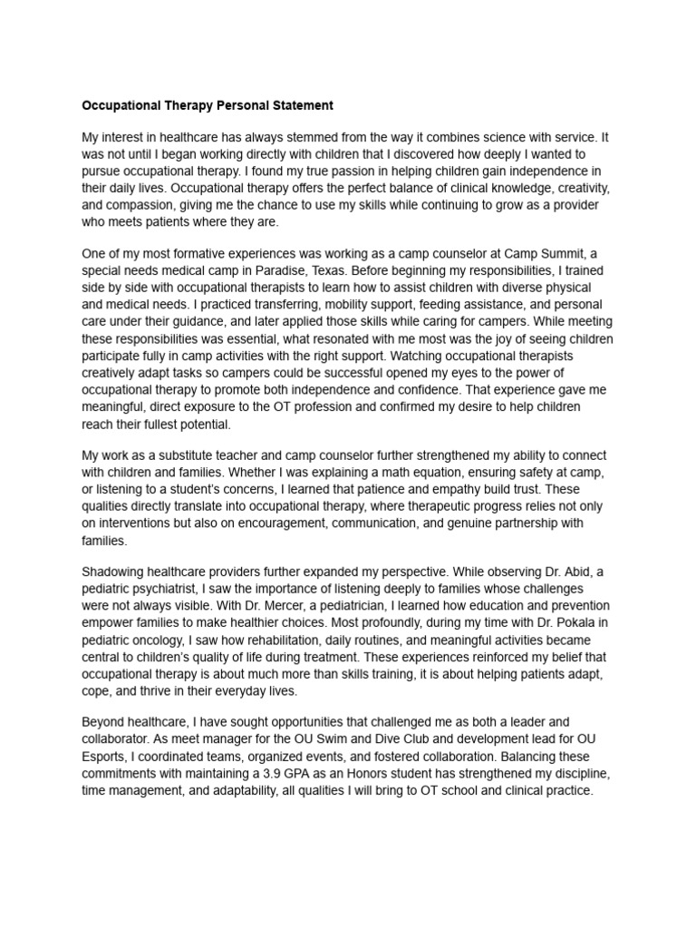 Passionate Occupational Therapy Statement | PDF | Occupational Therapy ...