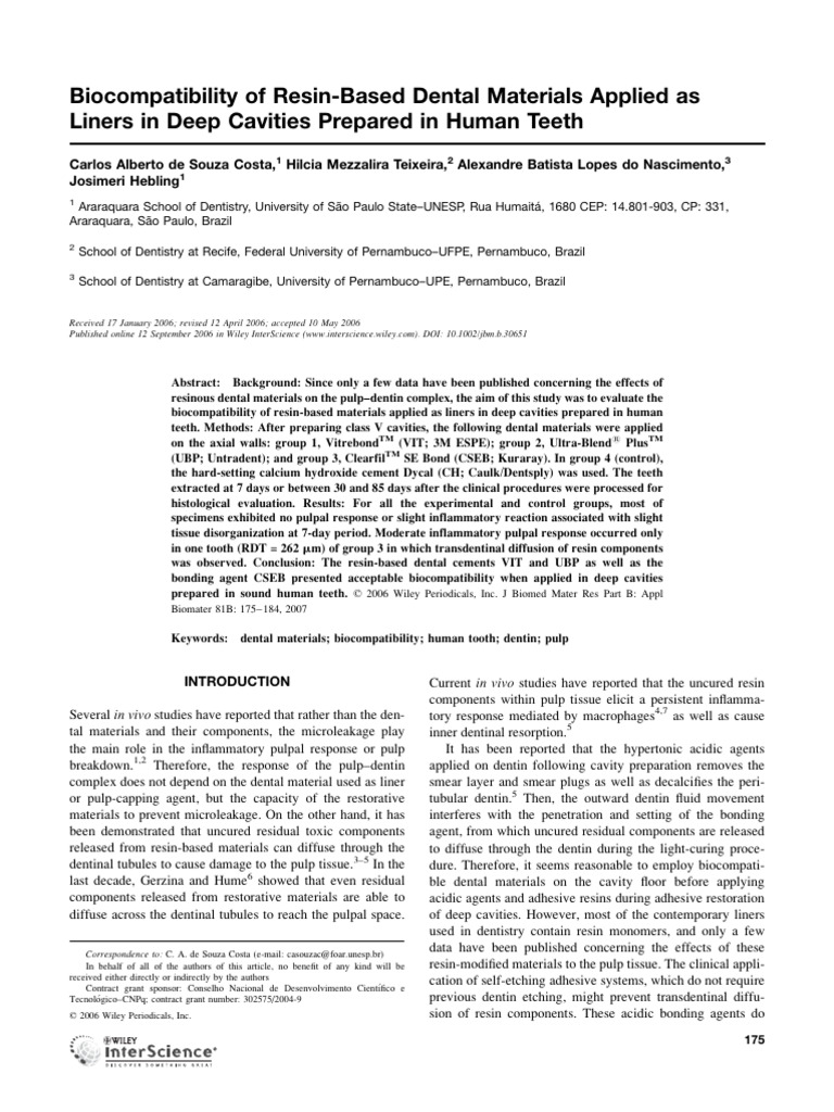Biocompatibility of Dental Liners in Cavities | PDF | Dental Material ...