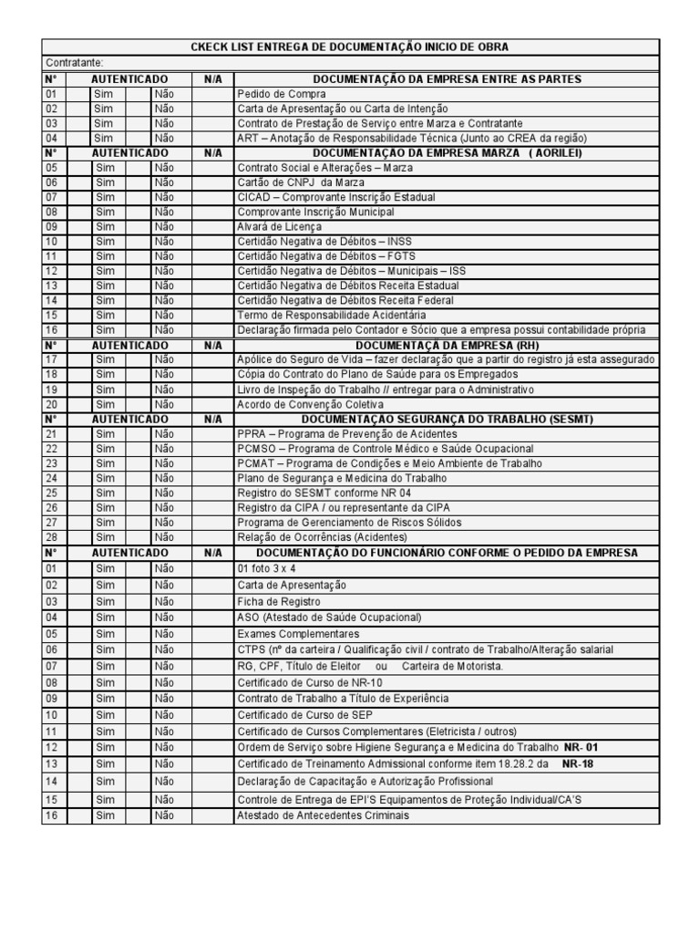 Check List Para Entrega Docto Inicio de Obra 2 | Contabilidade | Business