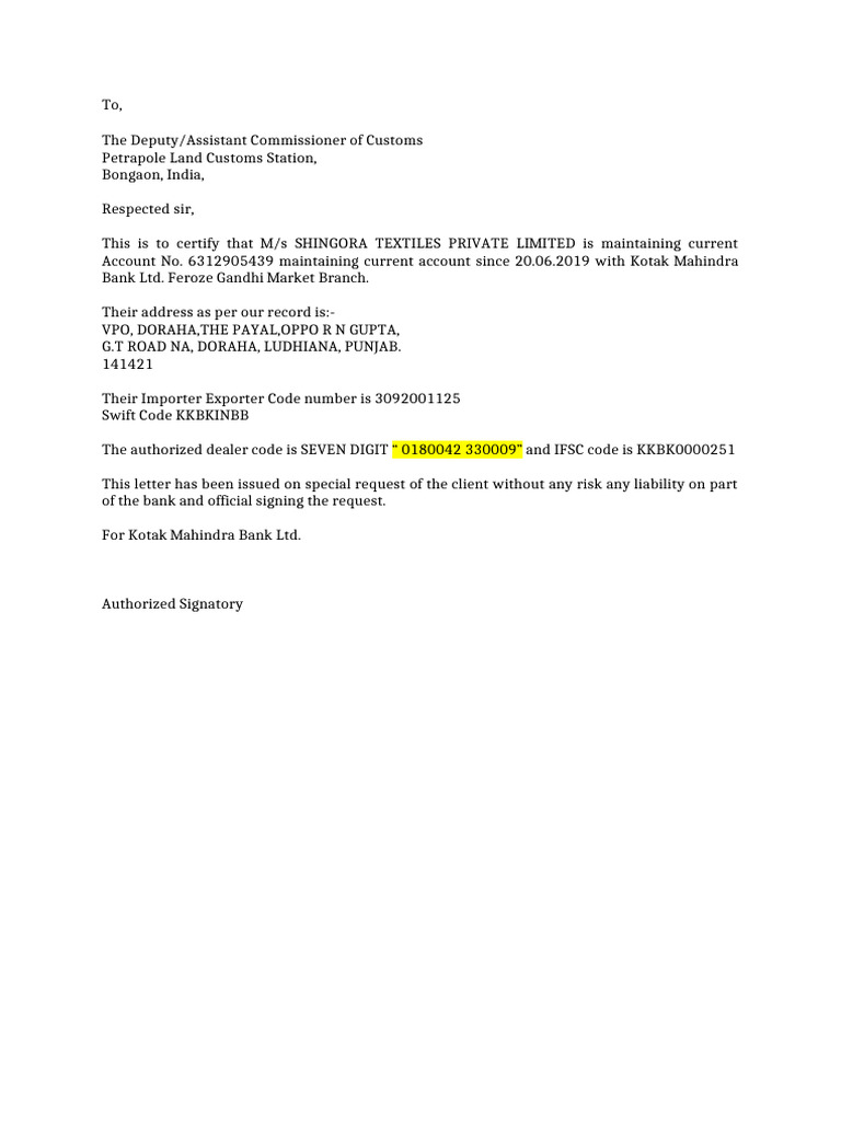 Ad Code Letter - Petrapole Revised | PDF