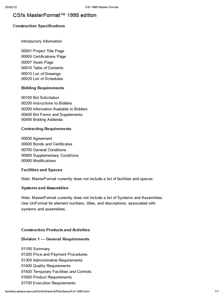 Overview of CSI 1995 MasterFormat | PDF | Masonry | Concrete