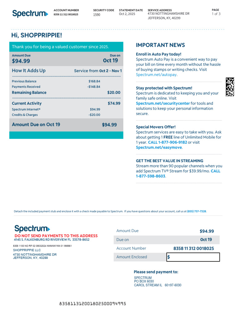 Spectrum Bill Summary and Payment Info | PDF | Cheque | Debit Card