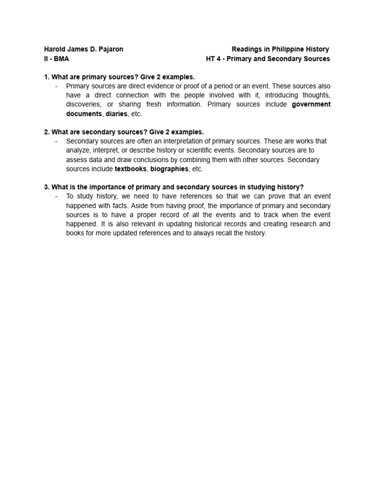 Pajaron - Ii-Bma - HT 4 - Primary and Secondary Sources | PDF