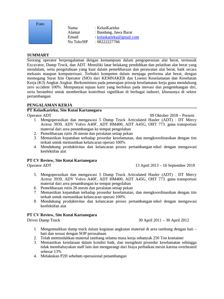 Contoh CV Operator Alat Berat | PDF