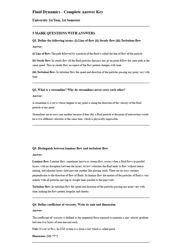 Fluid Dynamics Important Questions Bank | PDF | Gases | Viscosity