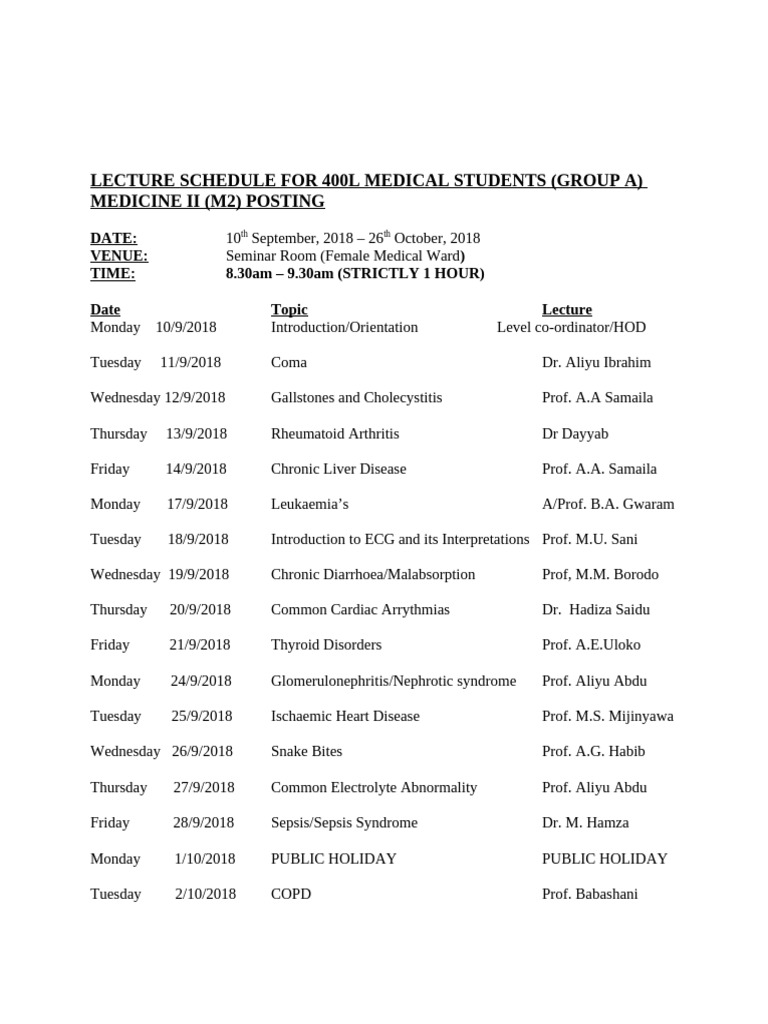Lecture Schedule For 400l Medical Students 2017 - 2018 | PDF | Diseases ...