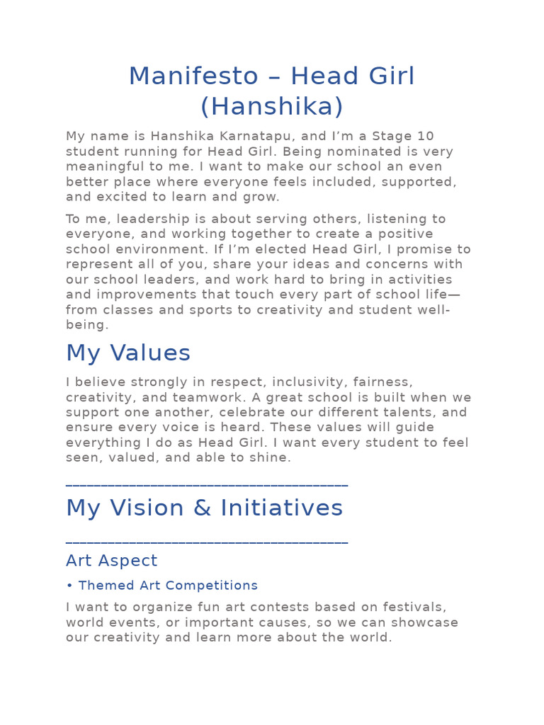 Hanshika's Head Girl Manifesto | PDF | Learning | Cognition
