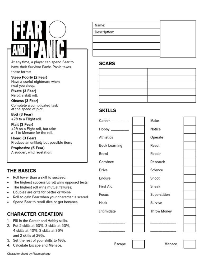 Fear and Panic Full Page Character Sheet and Quick Reference | PDF