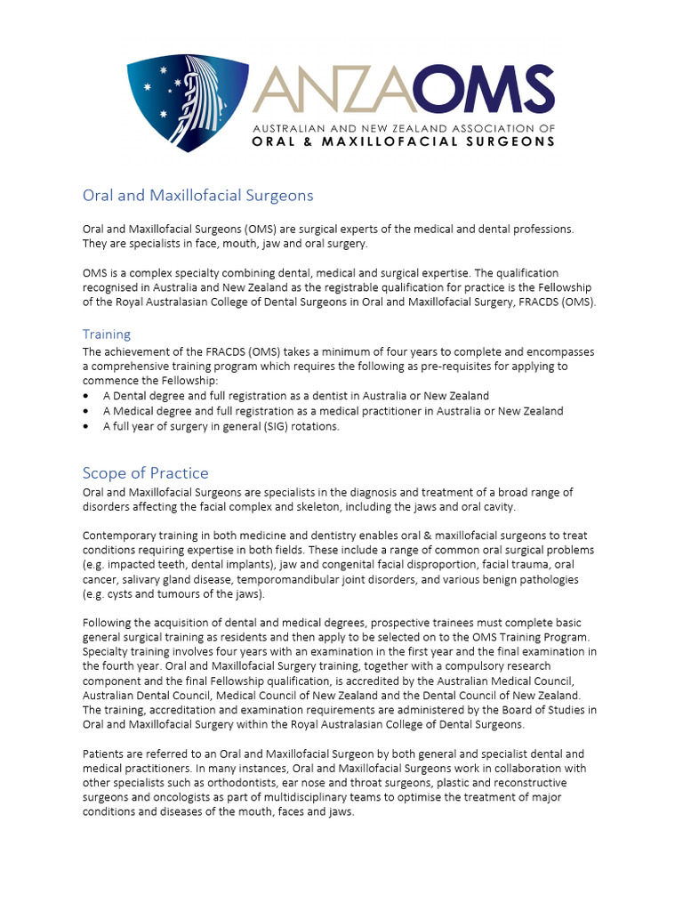 Oms Fact Sheet | PDF | Oral And Maxillofacial Surgery | Dentistry