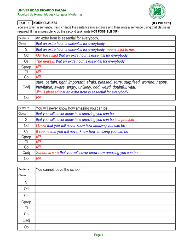 Noun Clauses Exercise for Students | PDF | Syntax | Grammar