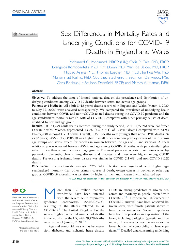 Sex Differences in Mortality Rates and Underlying | PDF | Comorbidity ...