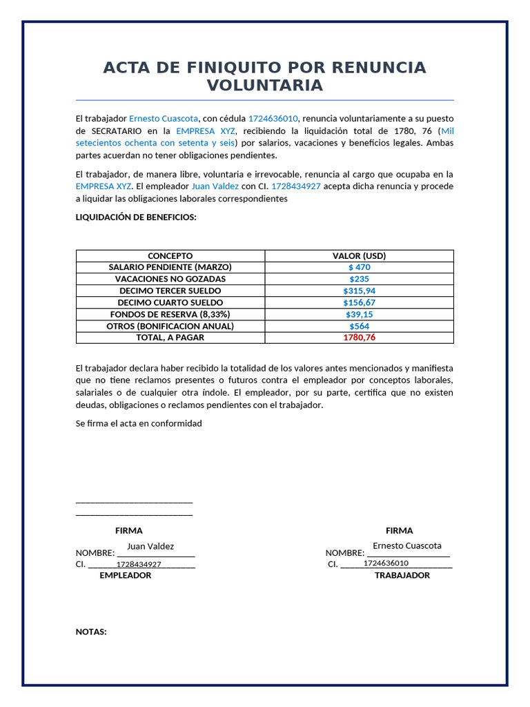 Acta De Finiquito Por Renuncia Voluntaria Pdf