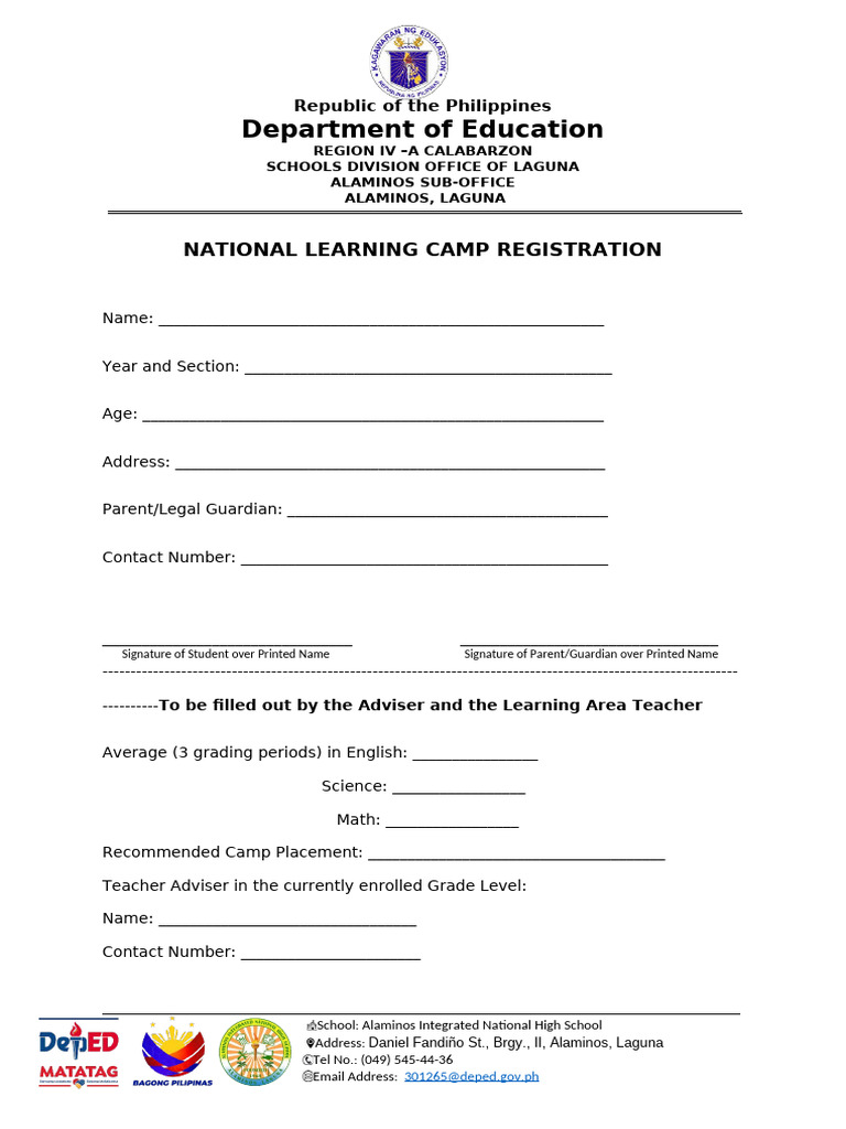 National Learning Camp Registration Form | PDF