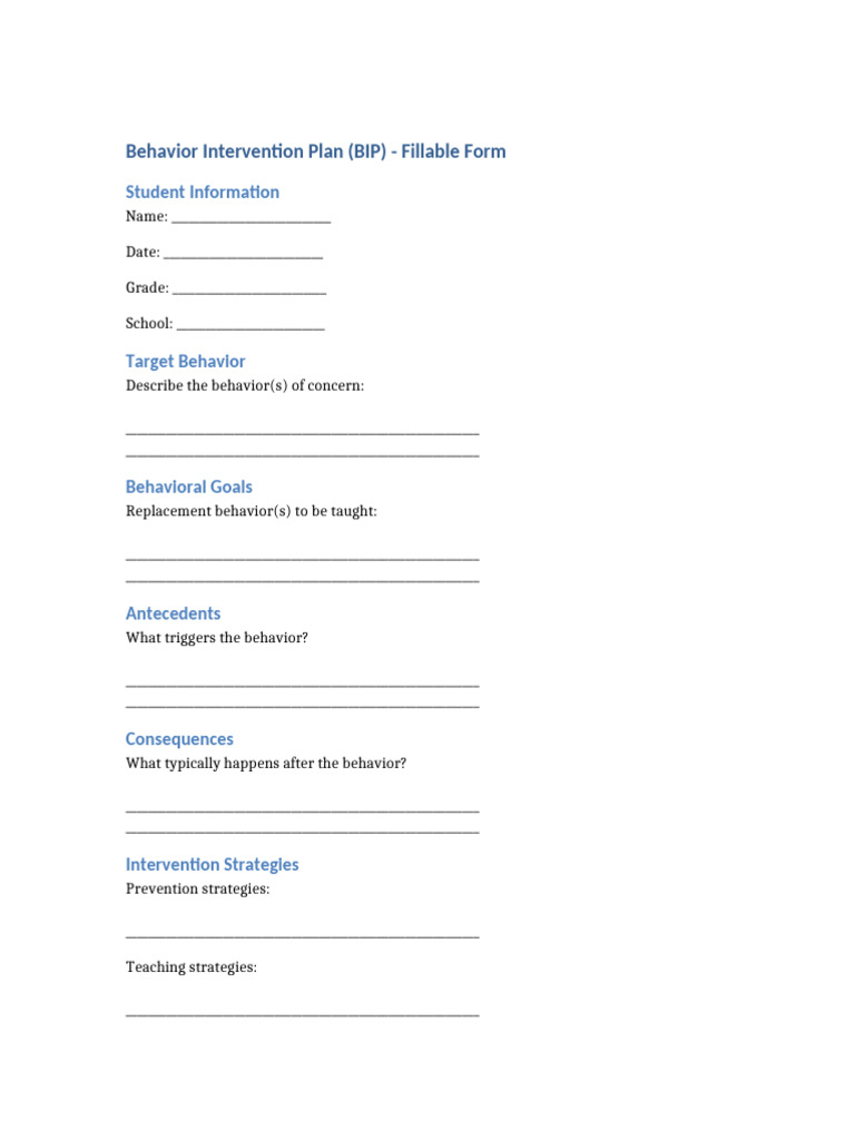 Behavior Intervention Plan Fillable Form | PDF
