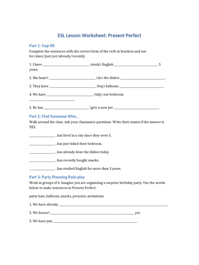 ESL Present Perfect Worksheet | PDF | Linguistics