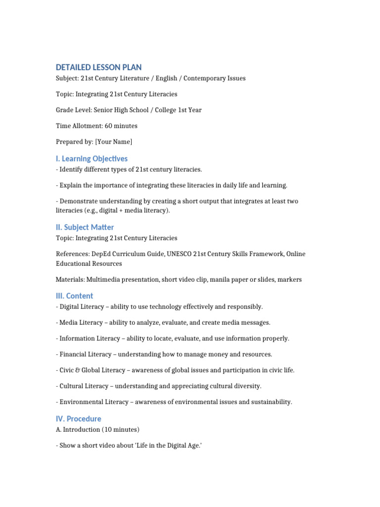 Integrating 21st Century Literacies Lesson Plan | PDF | Literacy ...