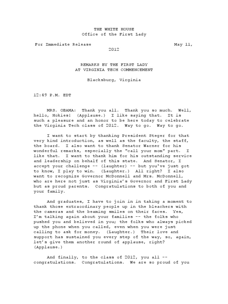 Transcript of Michelle Obama's Virginia Tech Commencement Speech | PDF ...