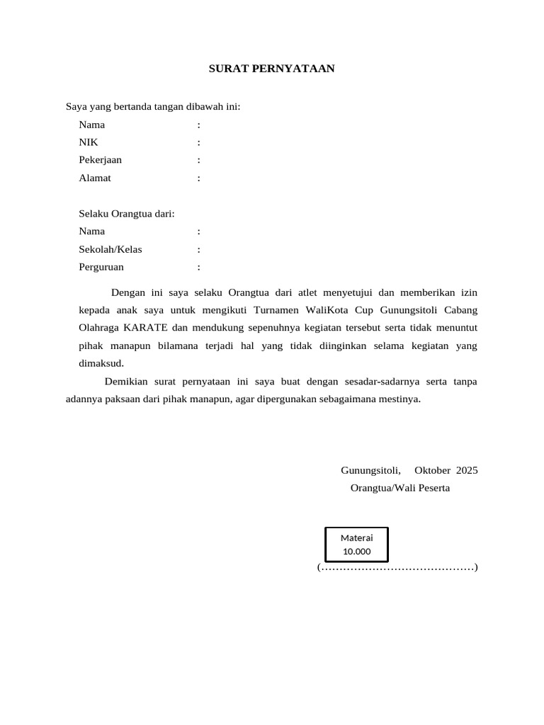 Surat Pernyataan Walikota Cup | PDF