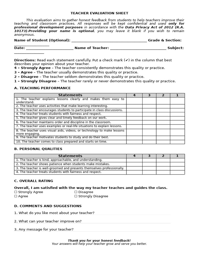 Student Teacher Evaluation Form | PDF | Teachers | Evaluation