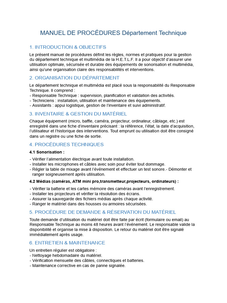 Manuel de procédures techniques H.E.T.L.F. | PDF