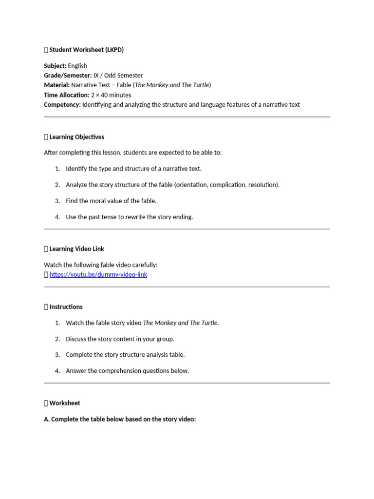 English Worksheet: Fable Analysis IX | PDF