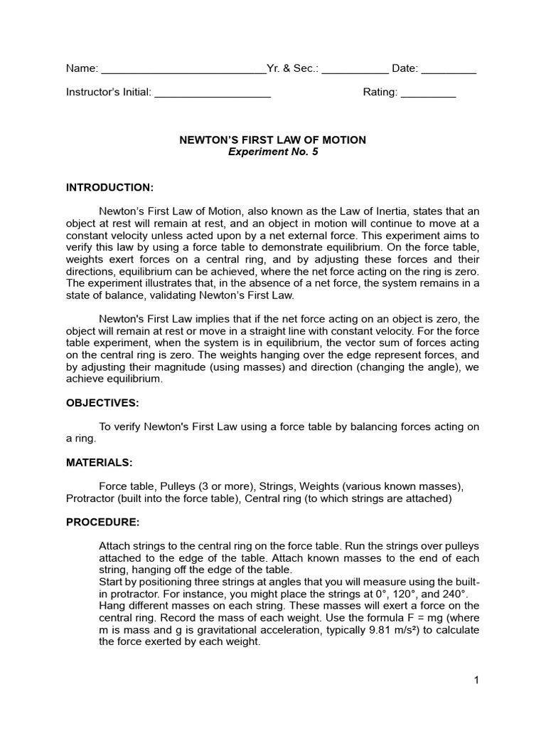 Experiment No. 5 Newtons First Law of Motion | PDF | Force | Newton's ...