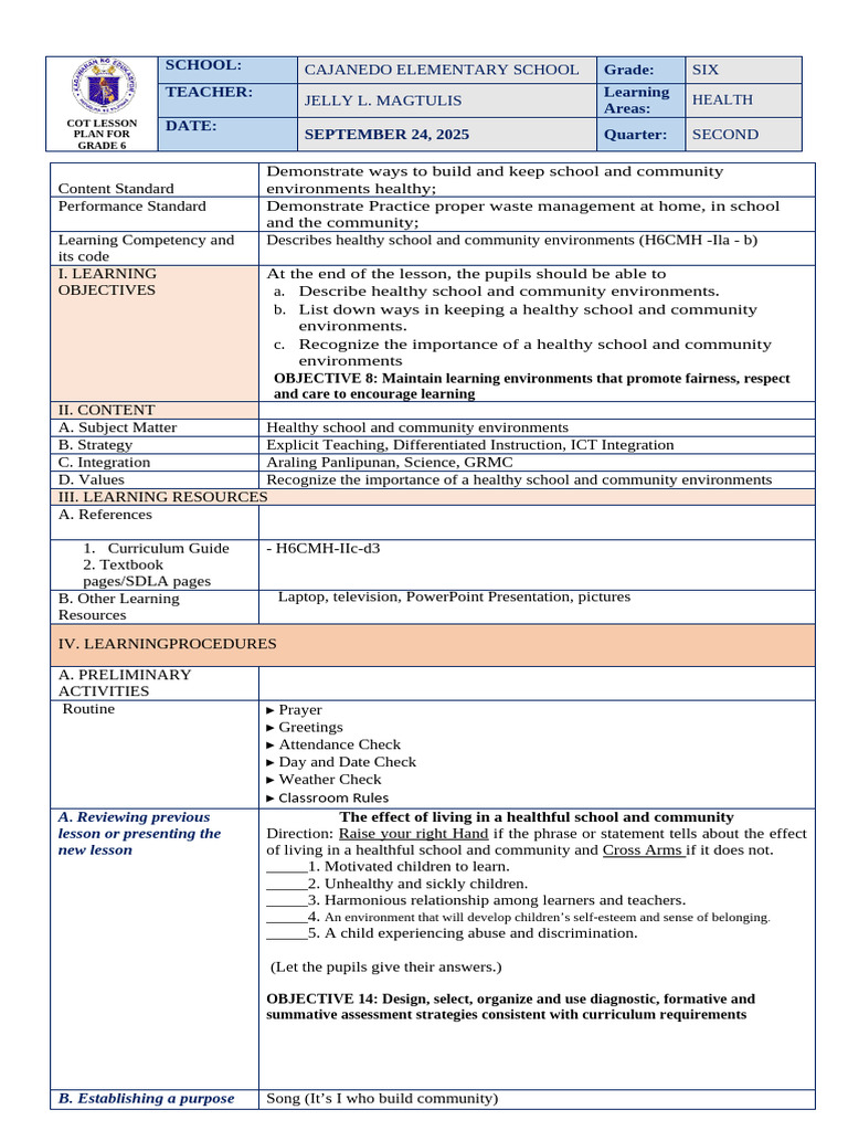 Cot Health 6 Week 7 Quarter 2 | PDF | Learning | Differentiated Instruction