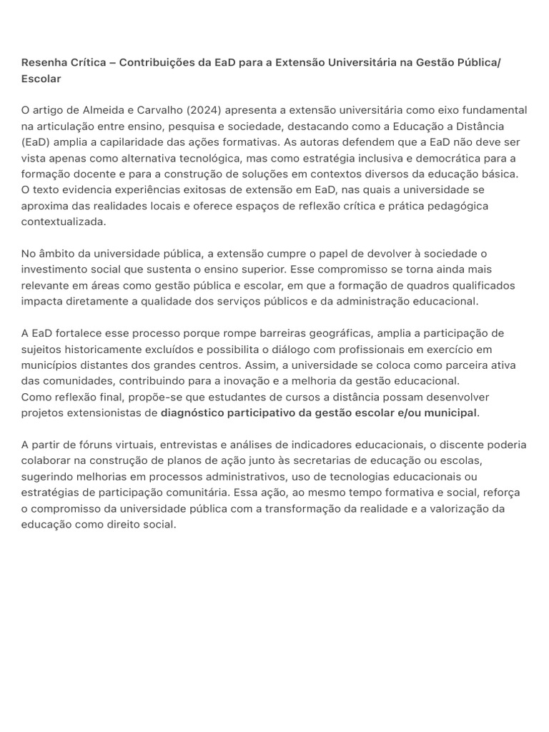 Resenha Crítica - Contribuições Da EaD para A Extensão Universitária | PDF