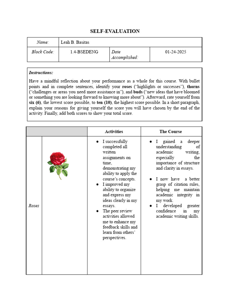 Course Self-Evaluation Reflection | PDF | Writing | Learning