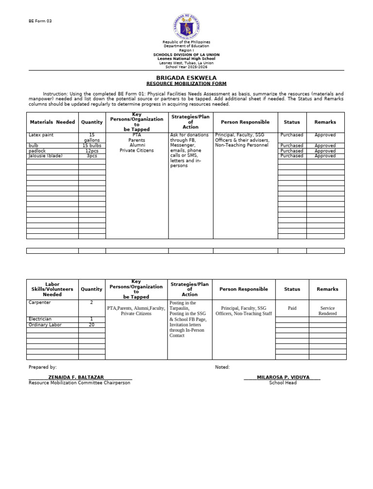 BE Form 3 RESOURCE MOBILIZATION FORM 1 | PDF