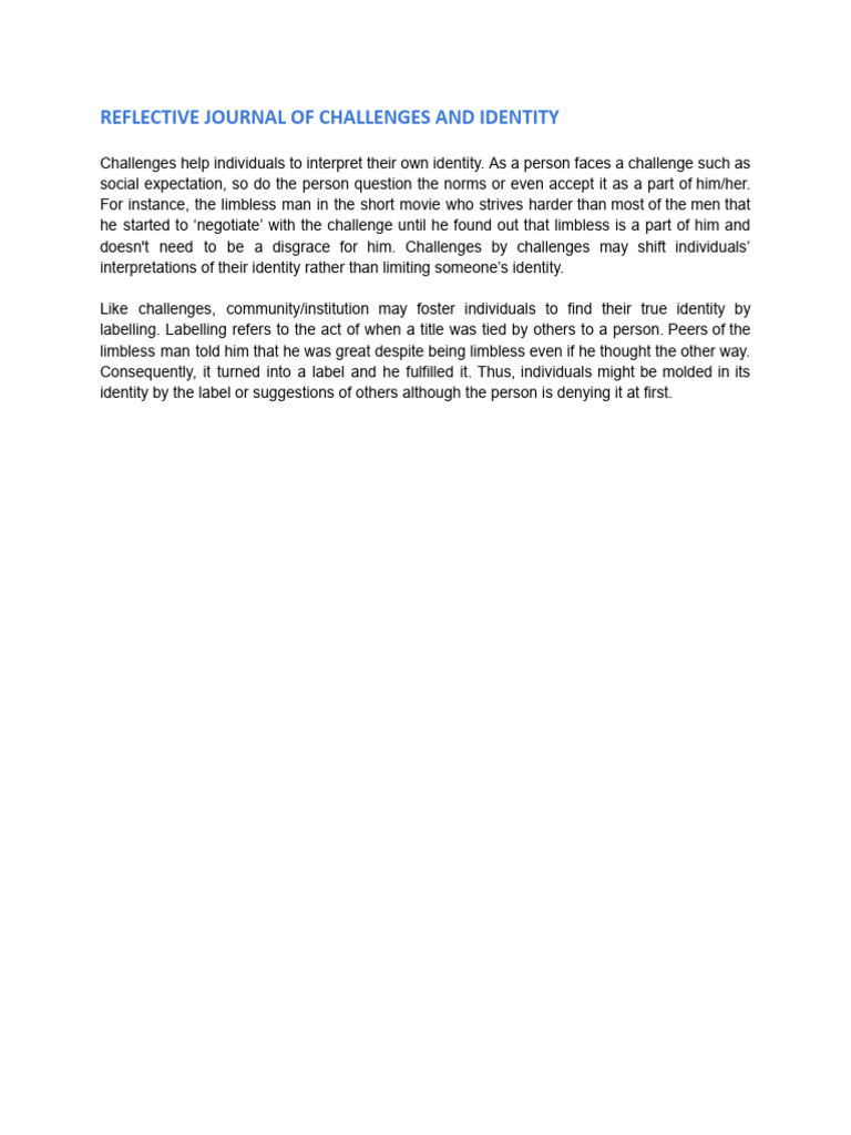 Reflective Journal of Challenges and Identity | PDF