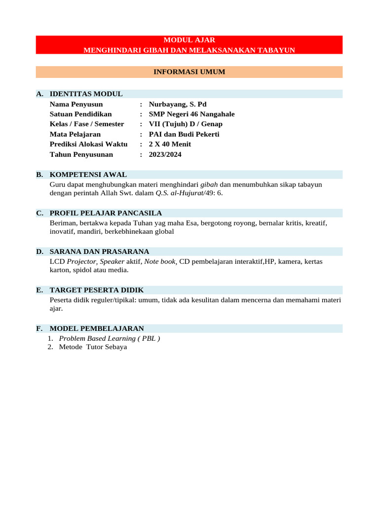 Modul Ajar: Hindari Gibah & Tabayun | PDF