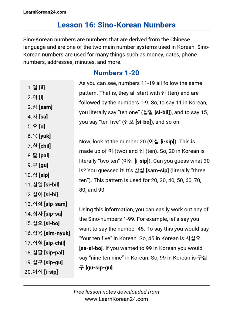 Learn Sino-Korean Numbers 1-99 | PDF