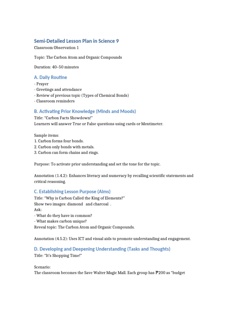 Carbon Atom Lesson Plan for Science 9 | PDF | Carbon | Chemical Compounds