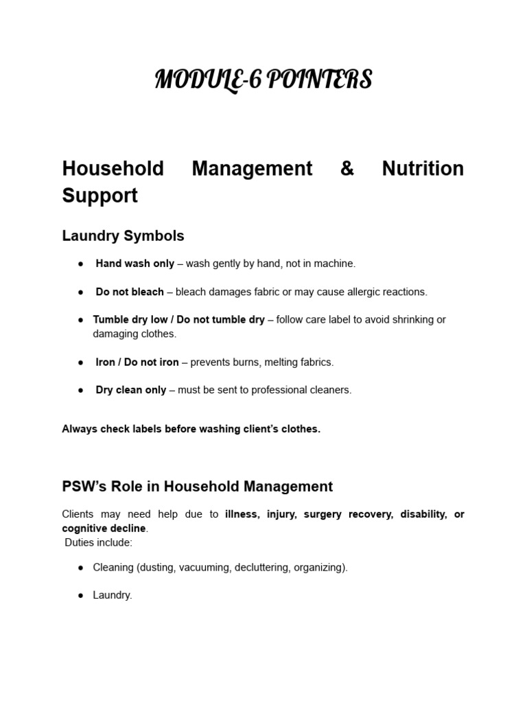 PSW Supporting Household MODULE-6 POINTERS | PDF | Foods | Intravenous ...