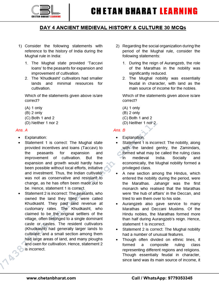 1757063245-Day 4 Ancient Medieval History 30 MCQs Ans Sheet | PDF