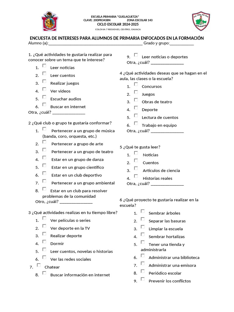 Encuesta de Intereses para Alumnos de Primaria Enfocados en La ...