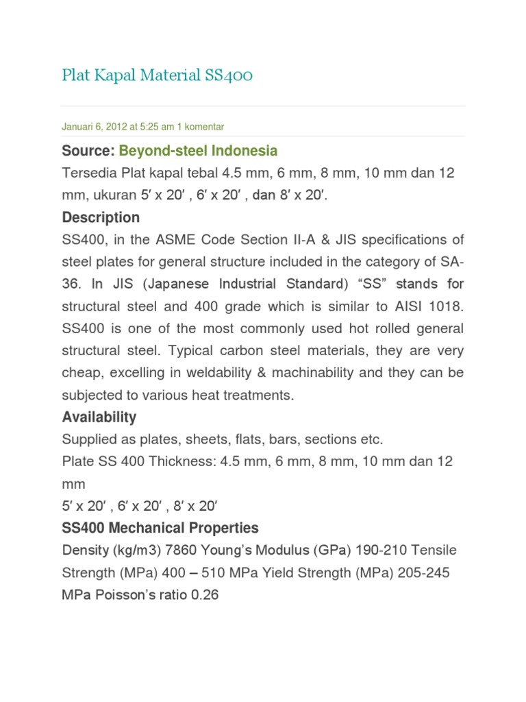 Document providing specifications and properties of SS400 steel plate material commonly used in ...